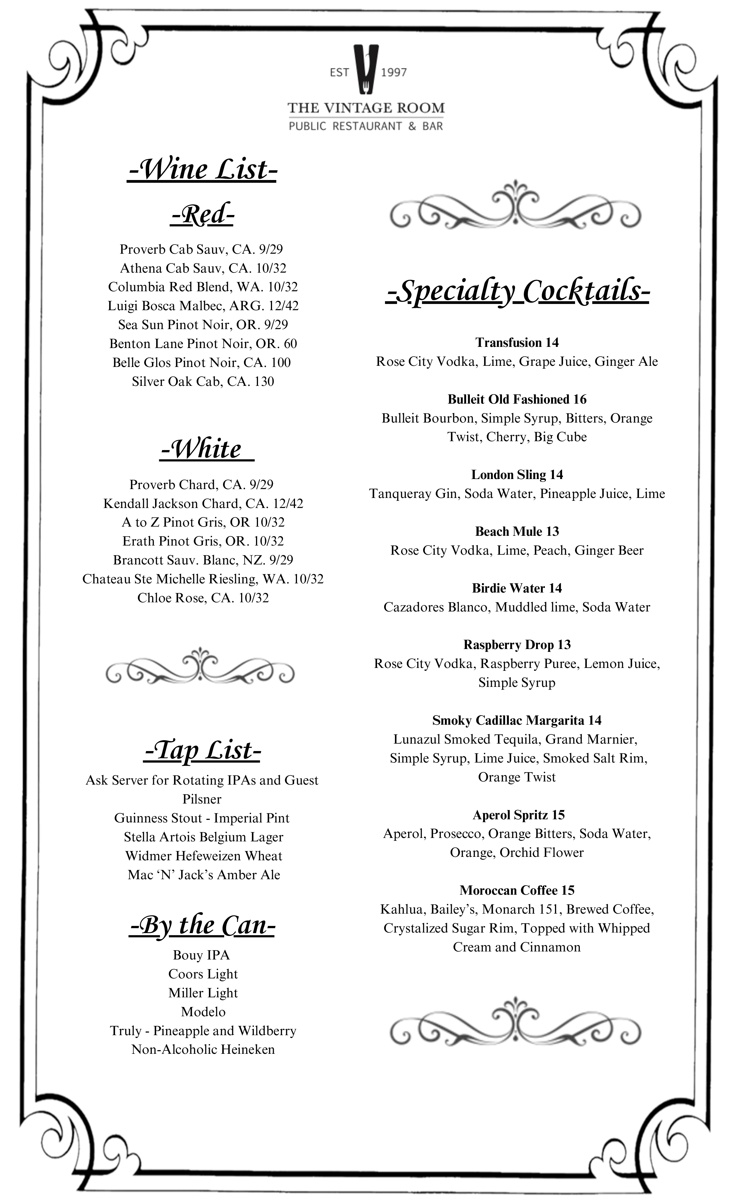 Menus - The Reserve Vineyards and Golf Club
