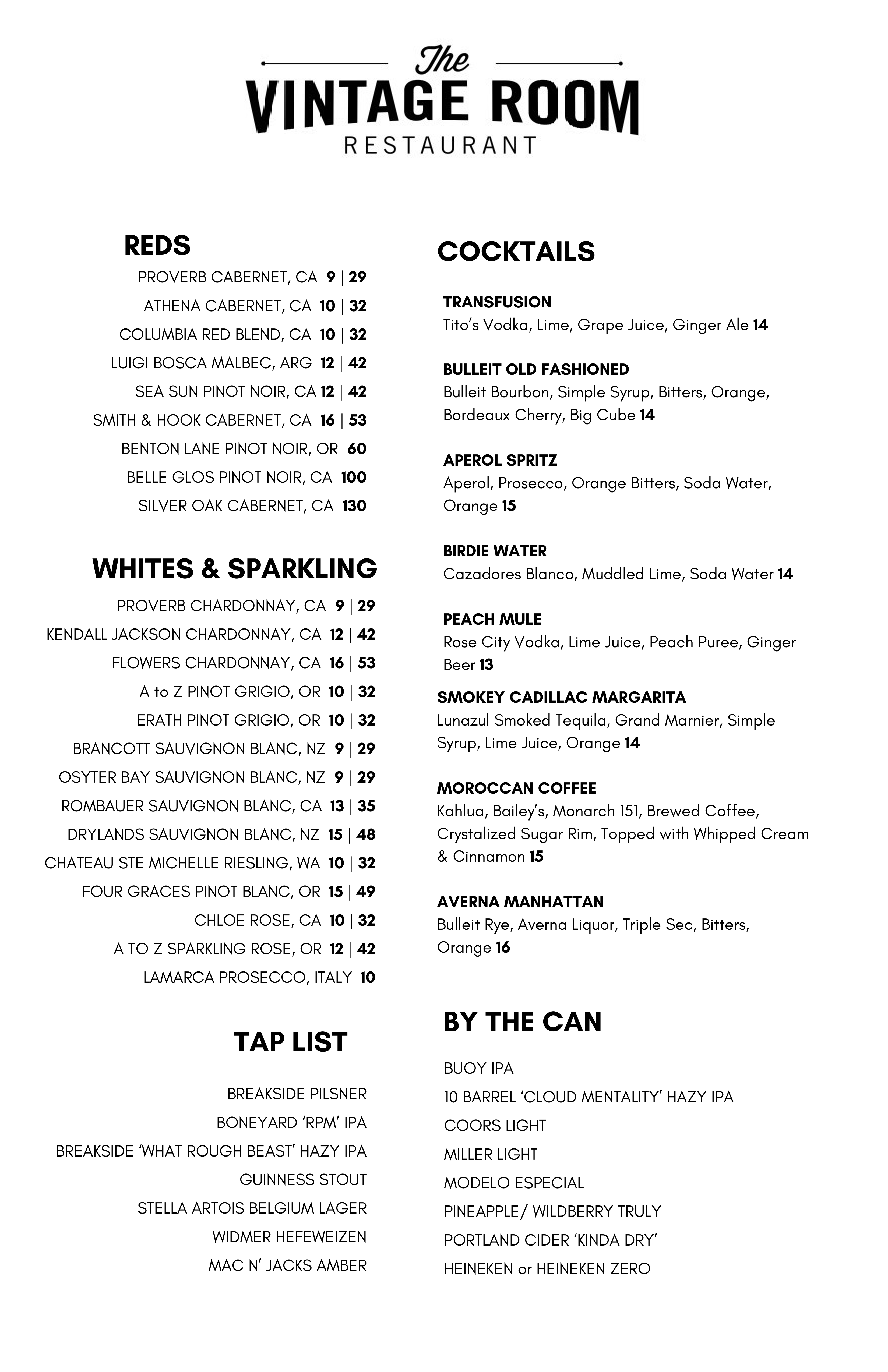 Menus - The Reserve Vineyards and Golf Club